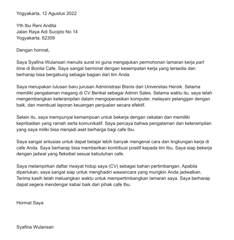 7 Contoh Surat Lamaran Kerja Part Time Berbagai Posisi, Catat!