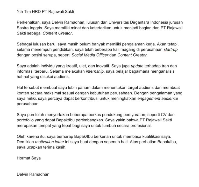 6 Contoh Motivation Letter untuk Kerja, Struktur, & Cara Membuatnya