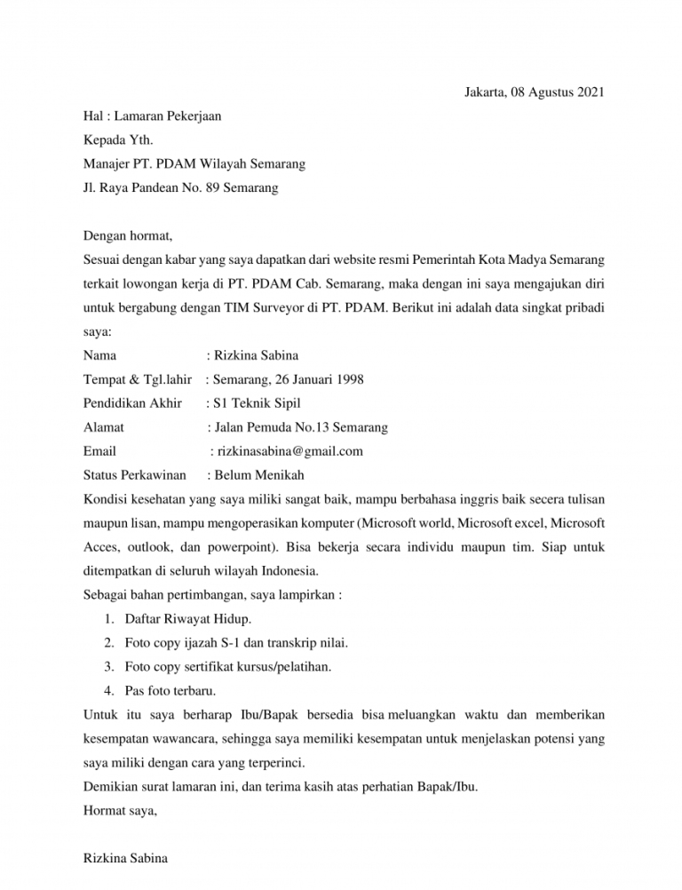 Contoh Surat Lamaran Kerja BUMN