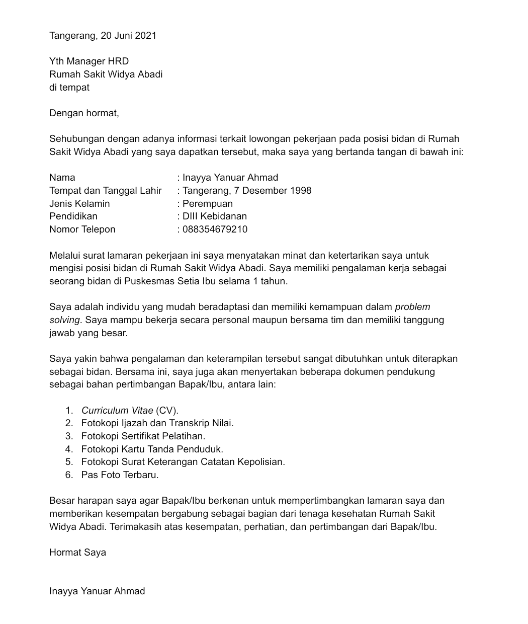 8 Contoh Surat Lamaran Kerja Bidan dan Formatnya, Lengkap!