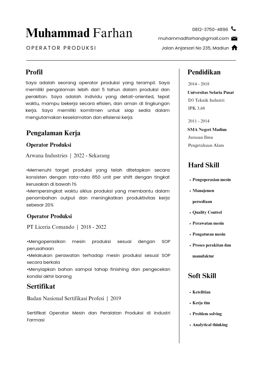 5 Contoh CV Operator Produksi dan Cara Membuatnya