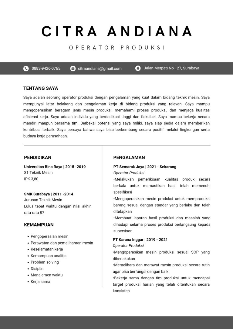 5 Contoh CV Operator Produksi dan Cara Membuatnya