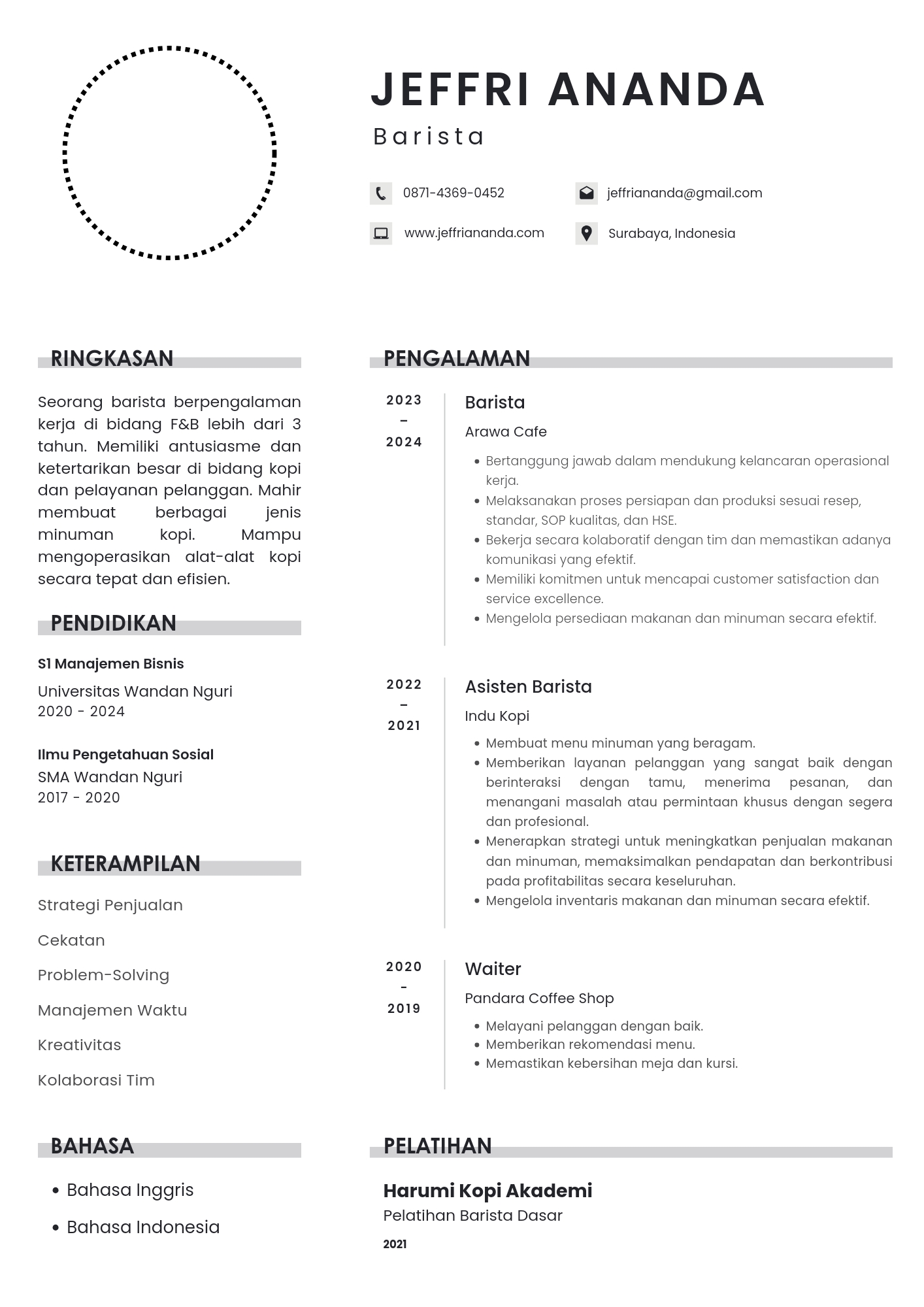 7 Contoh CV Barista dan Komponen di Dalamnya, Simak!