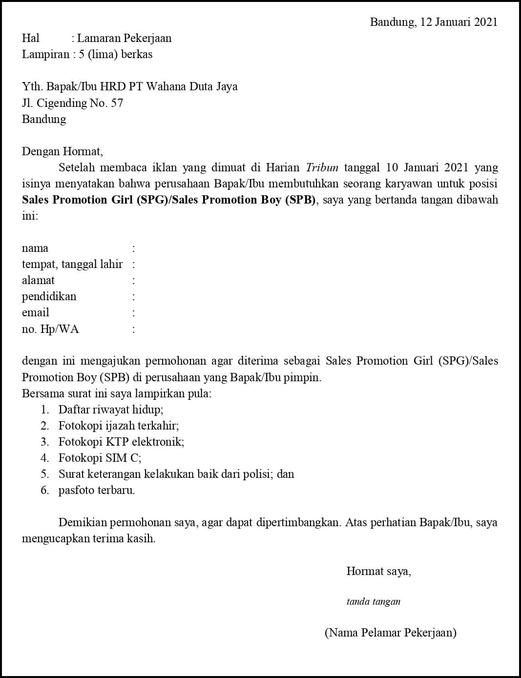 10 Contoh Surat Lamaran Kerja SPG dan Cara Membuatnya