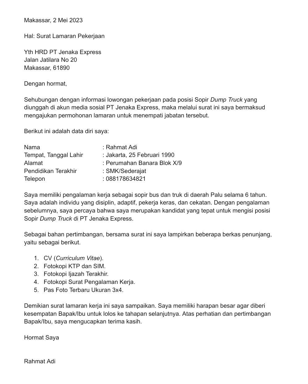 7 Contoh Surat Lamaran Kerja Sopir dan Struktur Lengkapnya