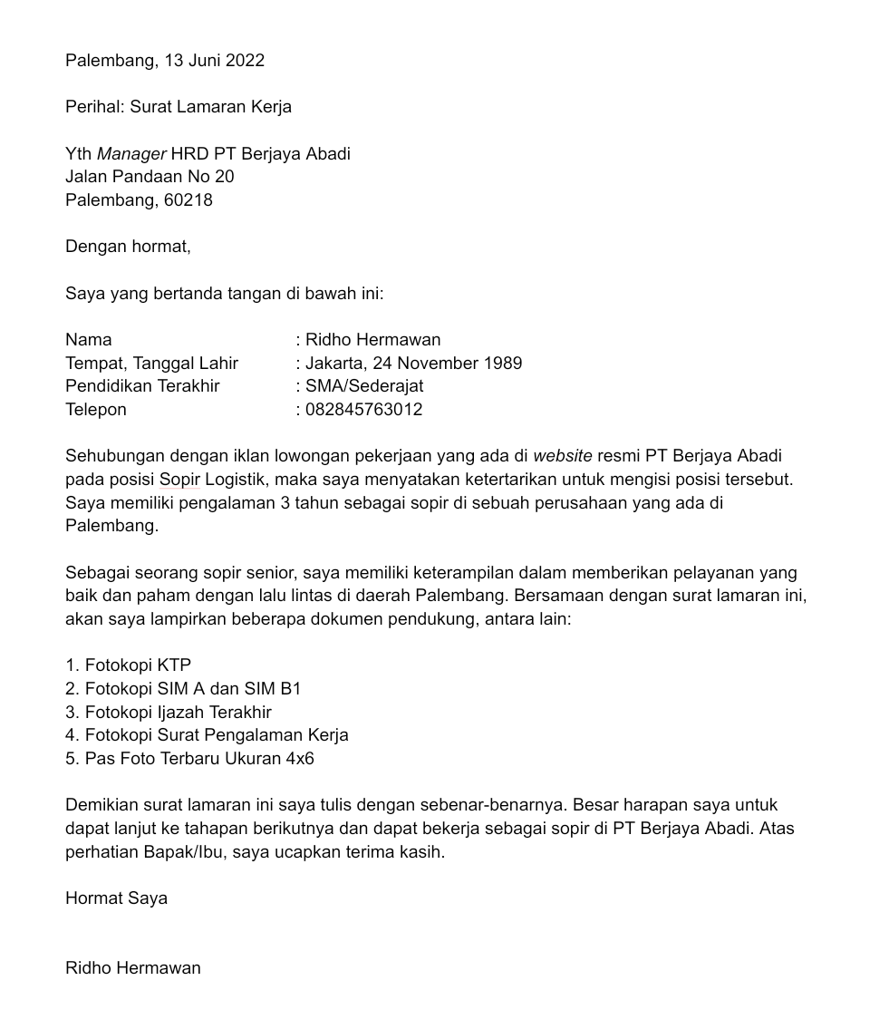 7 Contoh Surat Lamaran Kerja Sopir dan Struktur Lengkapnya